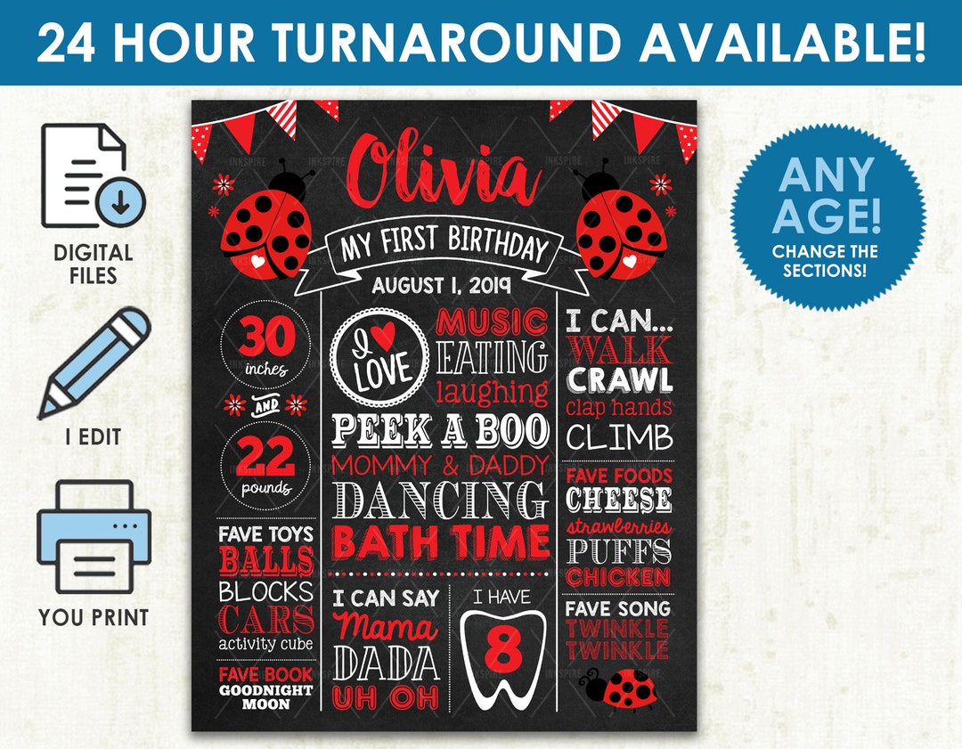 Ladybug Birthday Chalkboard Printable DIGITAL FILE Red First Birthday ...