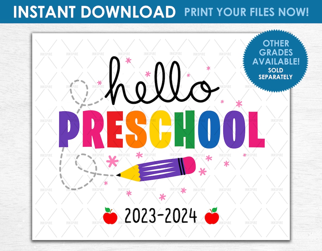 Printable First Day of Preschool Sign INSTANT DOWNLOAD Rainbow Hello ...