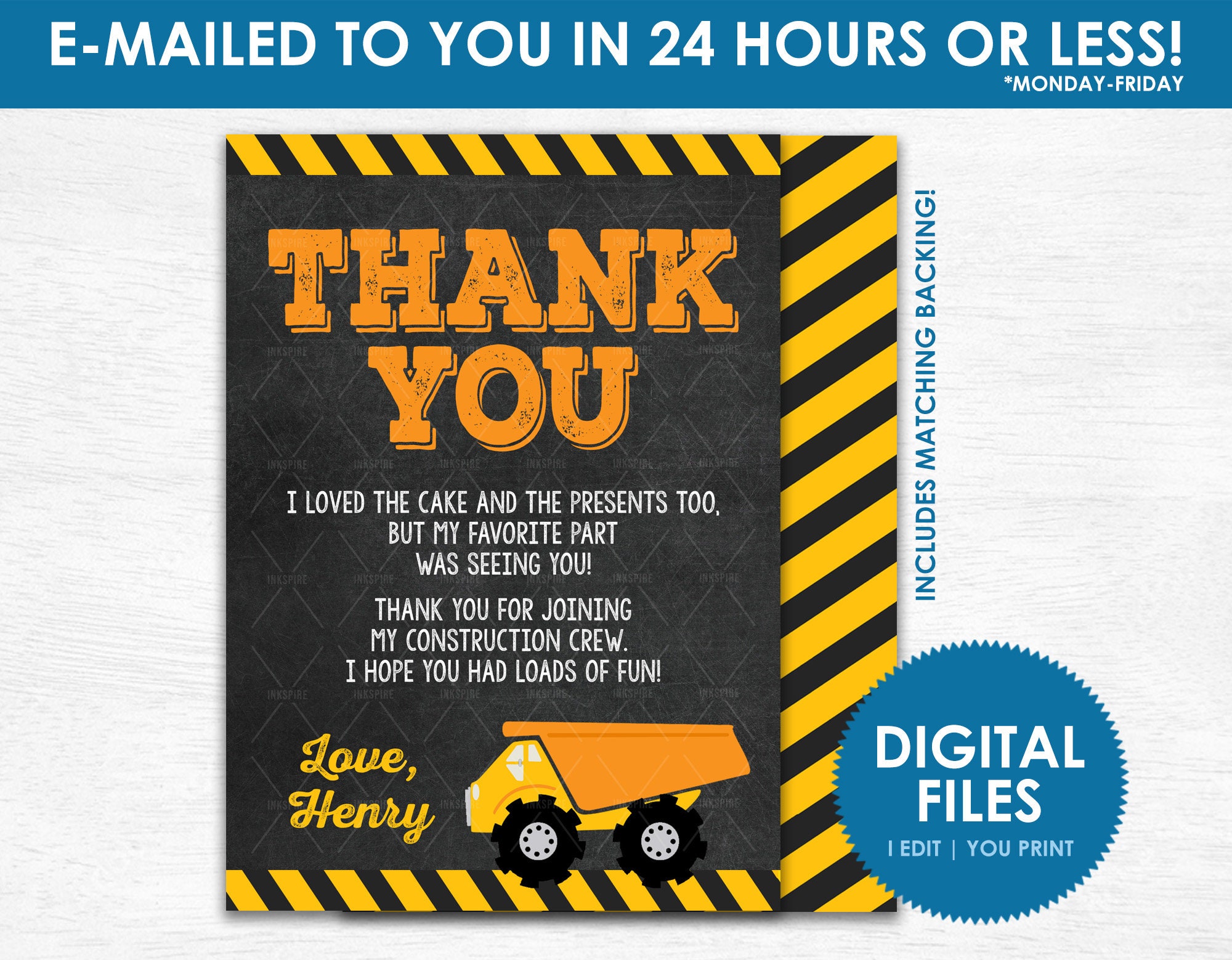 Construction Thank You Card Printable DIGITAL FILE - Etsy