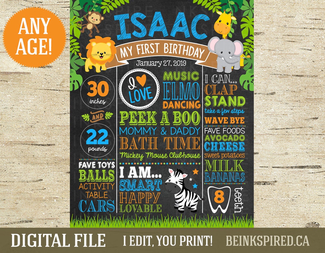 Jungle Animals Birthday Board - Printable DIGITAL FILE - Blue, Orange ...