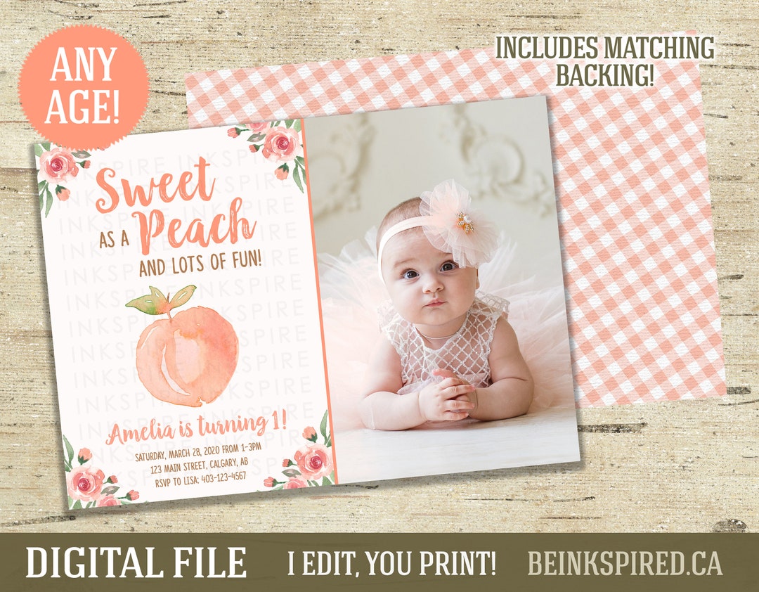 Peach Birthday Invitation - Printable DIGITAL FILE - Sweet as a Peach ...