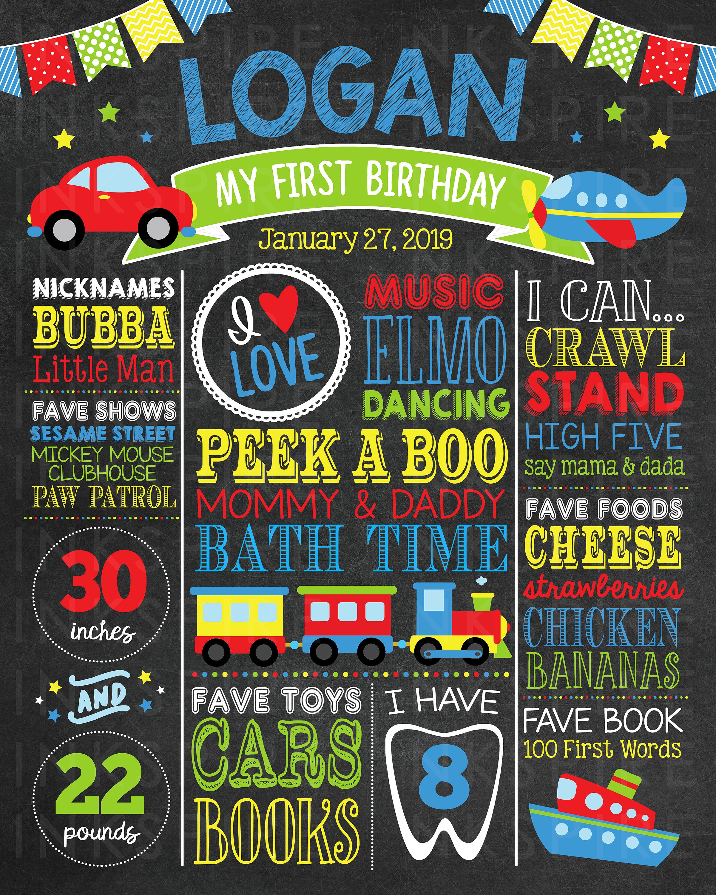 Transportation Birthday Chalkboard - Printable DIGITAL FILE - Boy First ...