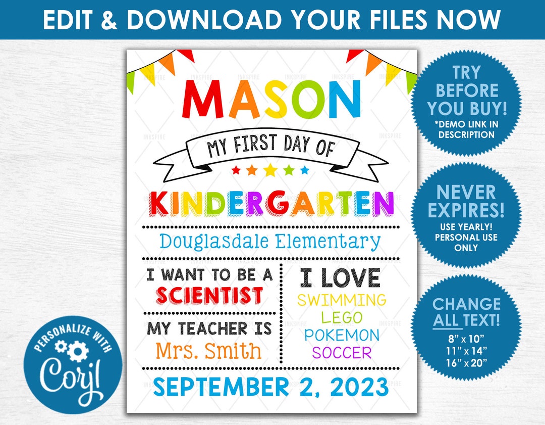 First Day of School Chalkboard Sign - Editable DIGITAL FILE - Rainbow ...