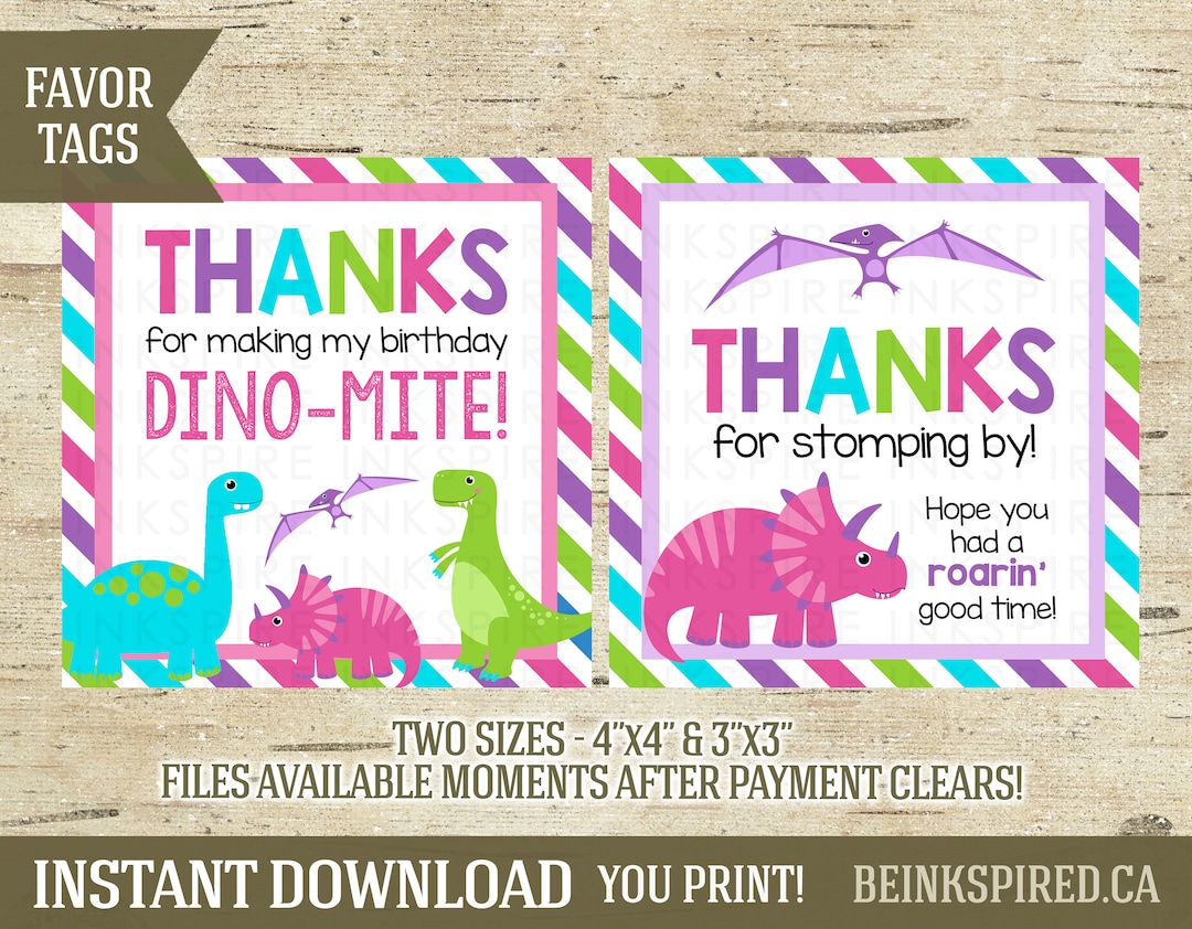 Printable Dinosaur Favor Favour Tags, Dinosaur Thank You Tag Card ...