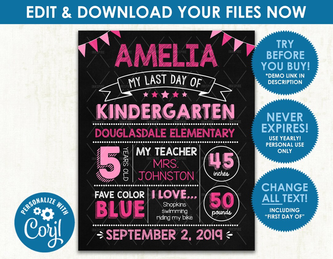 Editable First Day of School Poster - DIGITAL FILE - Printable Pink ...