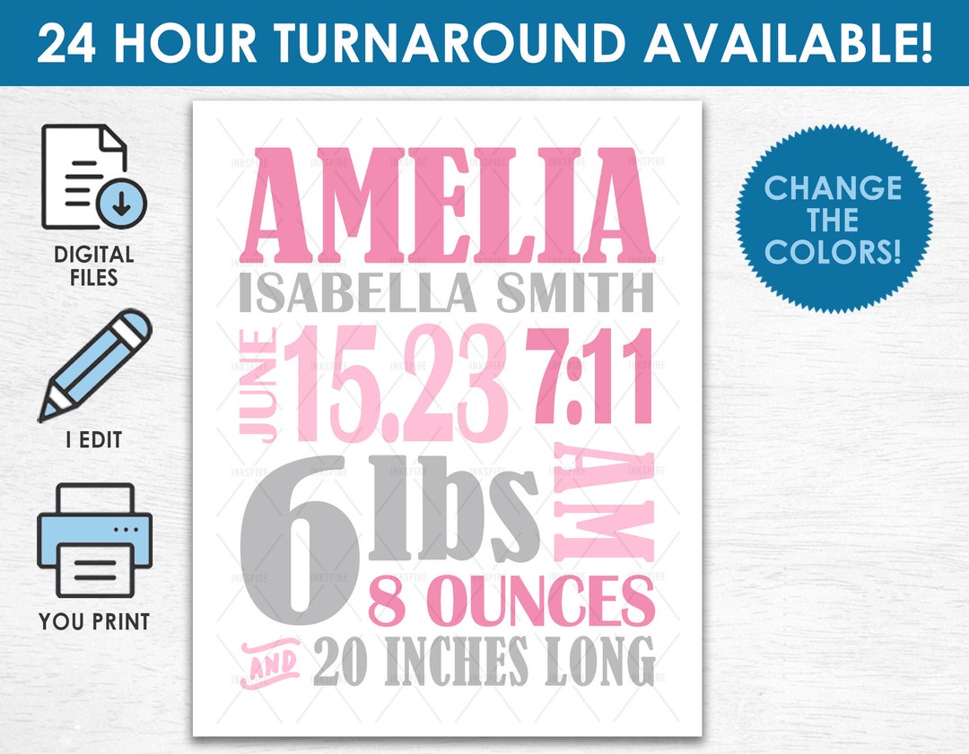 Girl Birth Stats Print - Printable DIGITAL FILE - Personalized New Baby ...