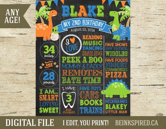 Dinosaur Birthday Board Printable DIGITAL FILE Orange - Etsy Finland
