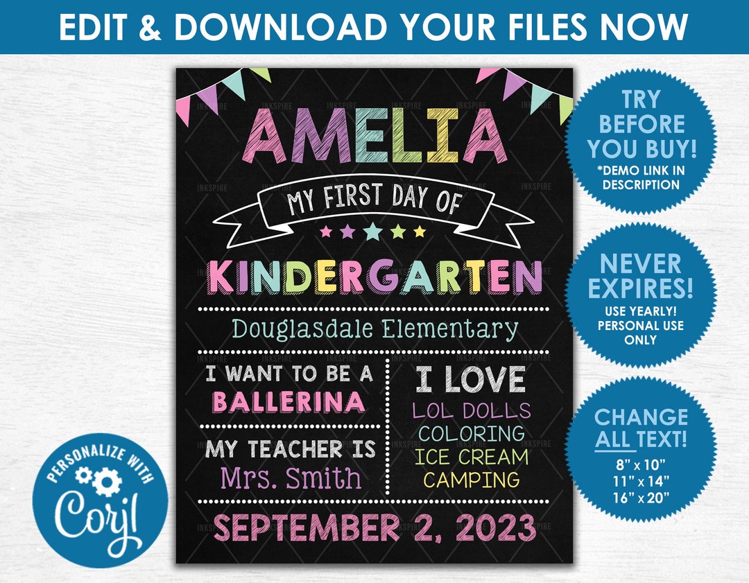 First Day of School Chalkboard Sign - Editable DIGITAL FILE - Girls ...