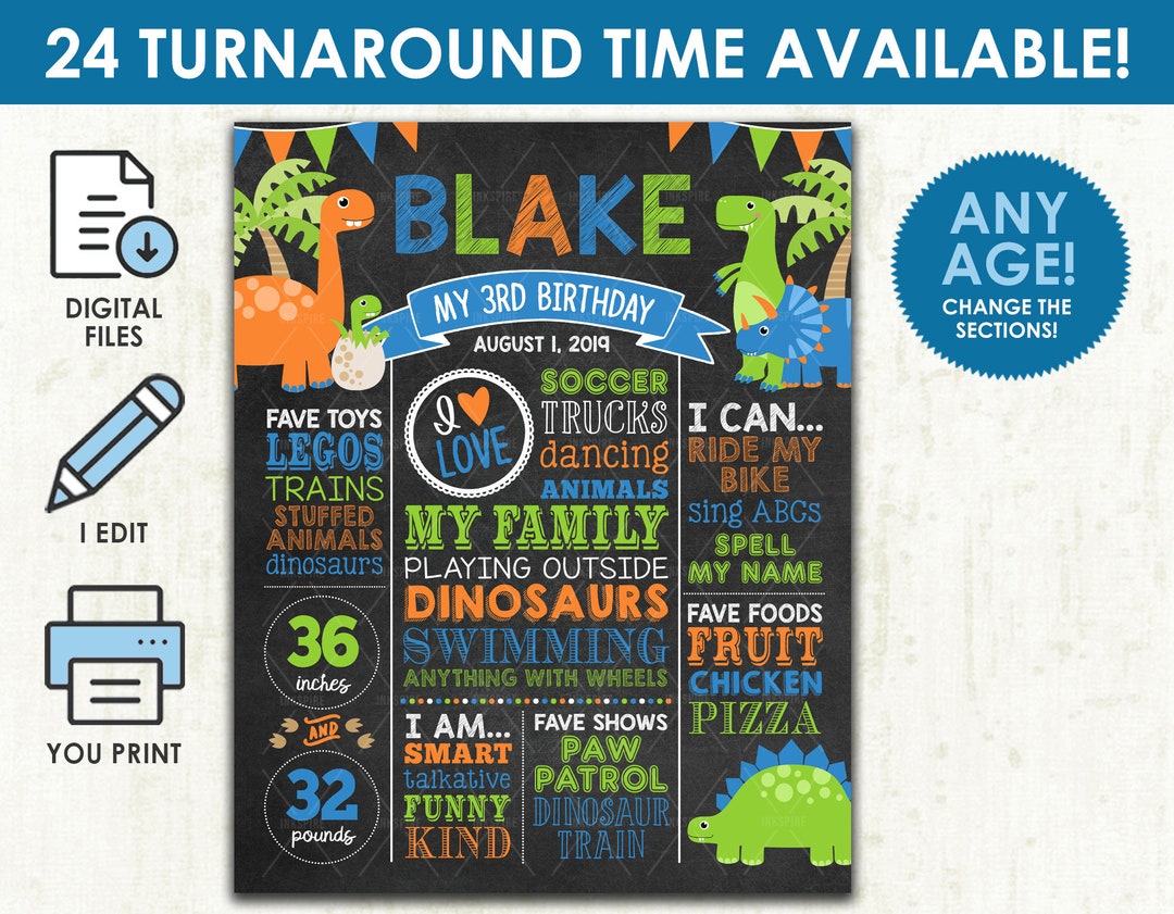 Dinosaur Birthday Board - Printable DIGITAL FILE - Orange, Green & Blue ...