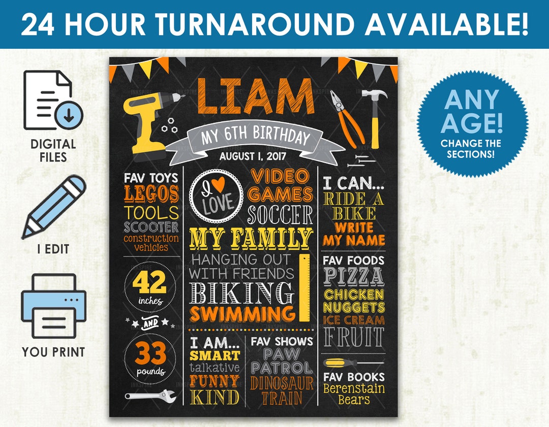 Tools Birthday Chalkboard - Printable DIGITAL FILE - Builder ...