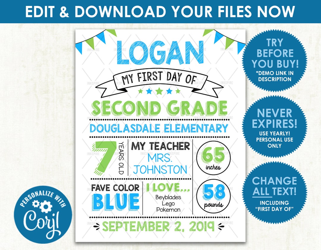 Editable First Day of School Poster - DIGITAL FILE - Printable Blue and ...