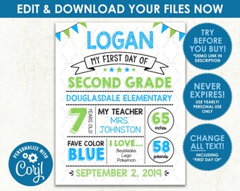 Editable First Day of School Poster DIGITAL FILE Printable Rainbow Boys ...
