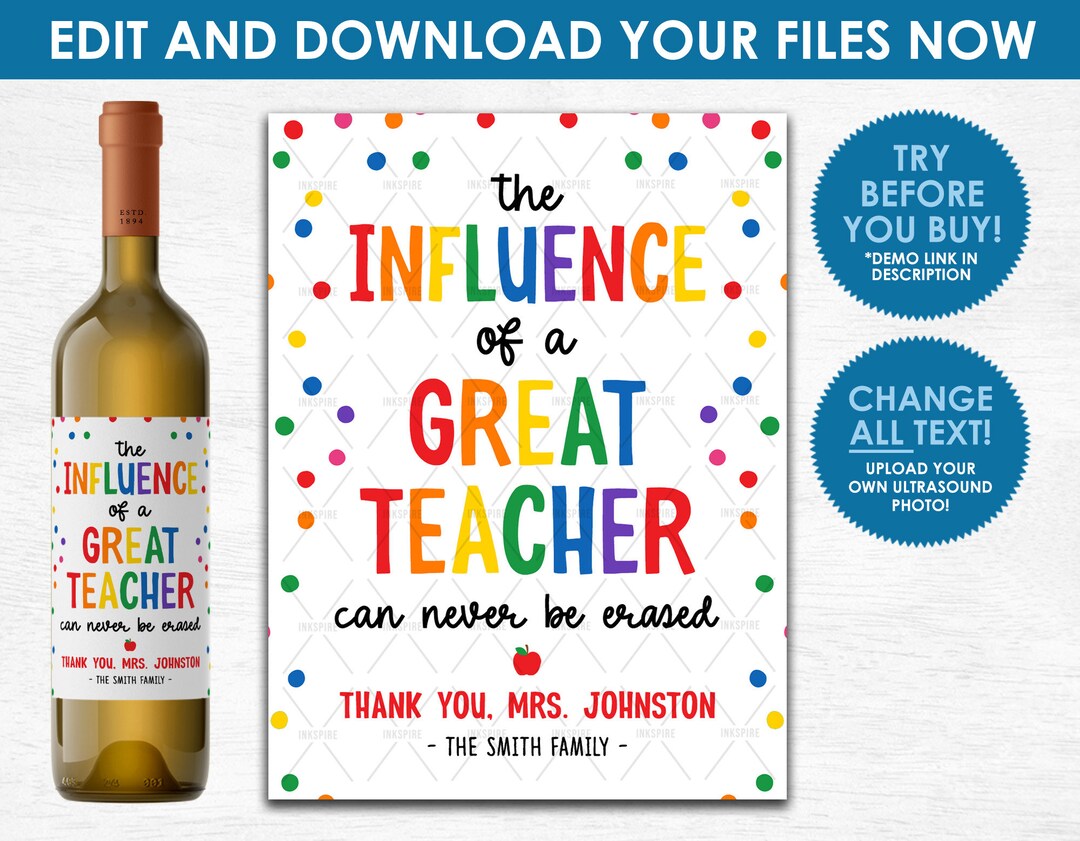 EDITABLE Teacher Wine Label - Teacher Appreciation Gift - Personalized ...