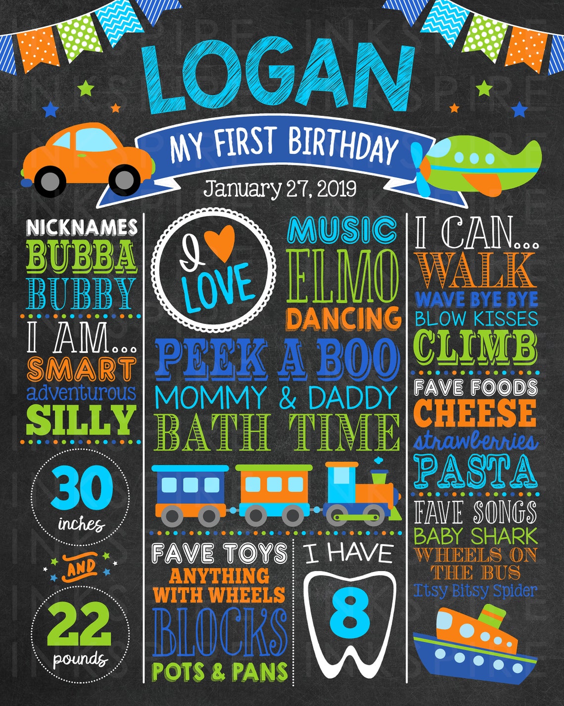 Transportation Birthday Chalkboard - Printable DIGITAL FILE - Boy First ...