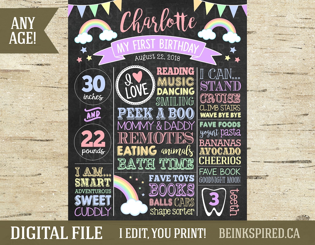 Rainbow Birthday Board - Printable DIGITAL FILE - Personalized Rainbow ...