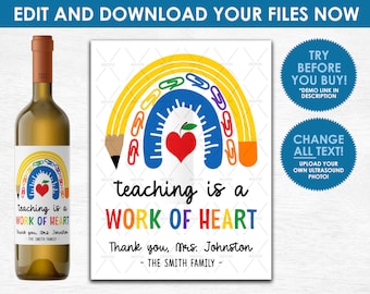 EDITABLE Teacher Wine Label - Teacher Appreciation Gift - Personalized ...