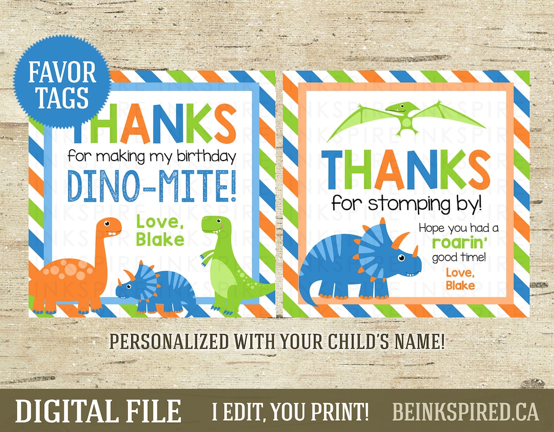 Personalized Dinosaur Favor Tag - DIGITAL FILE - Printable Blue, Green ...