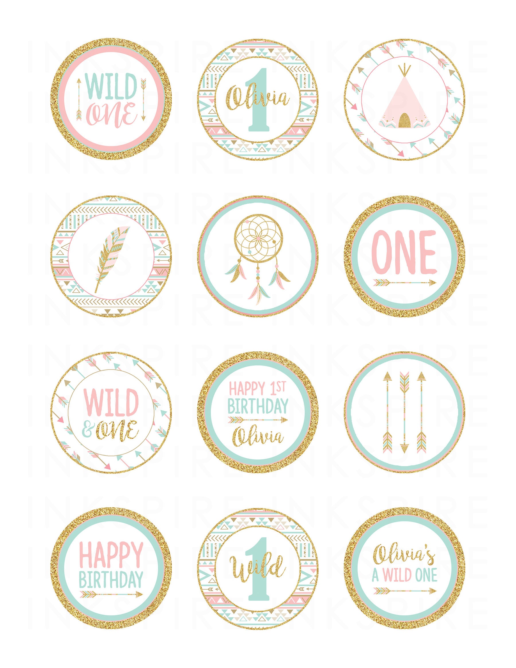 Personalized Printable Wild One Tribal Boho Birthday Cupcake Toppers ...