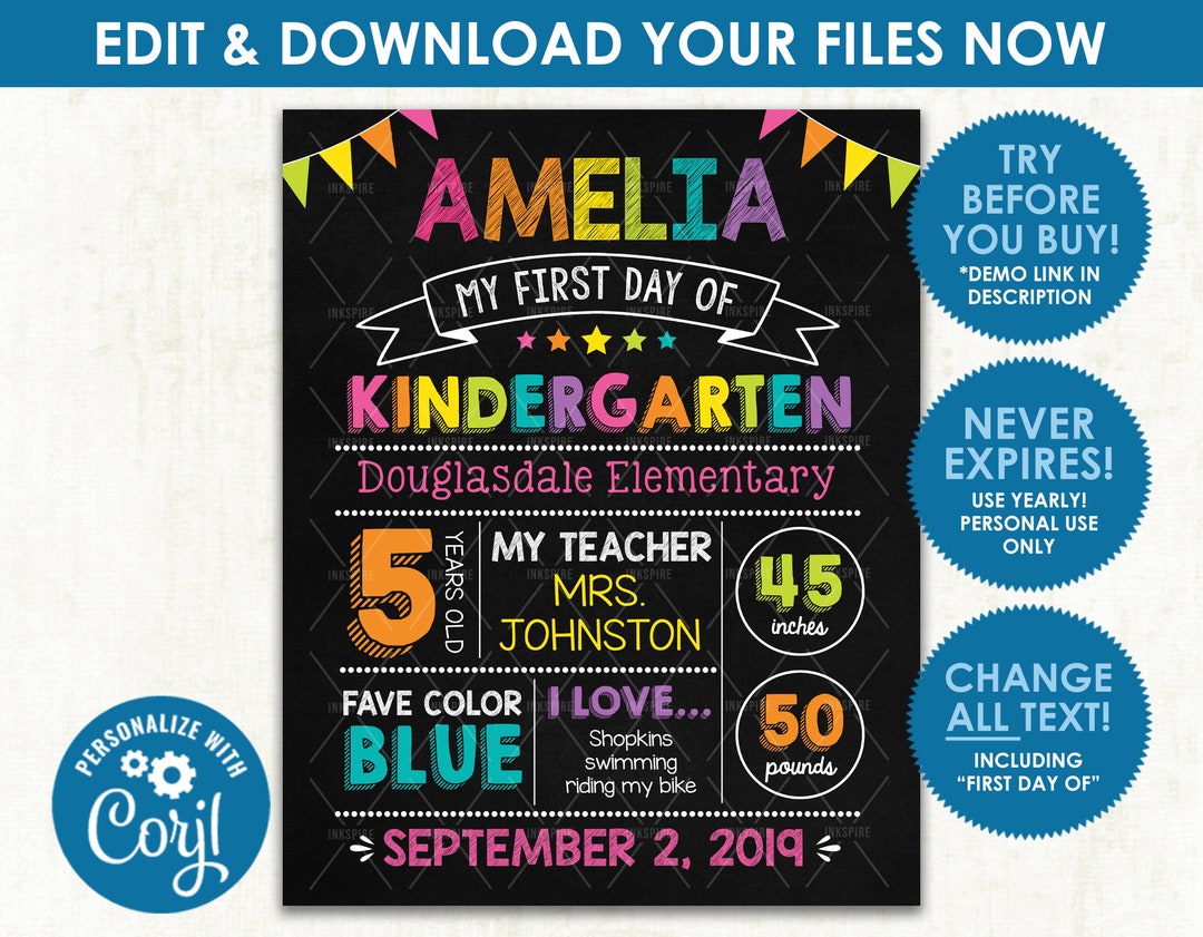 Editable Reusable Back to School Sign - DIGITAL FILE - Girls Rainbow ...