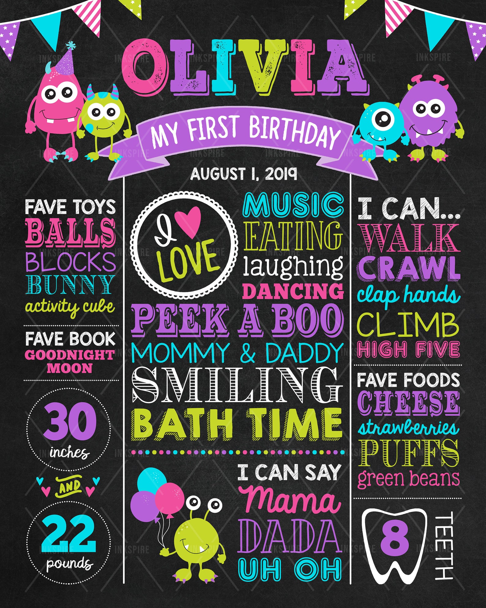 Monster First Birthday Chalkboard Printable DIGITAL FILE | Etsy