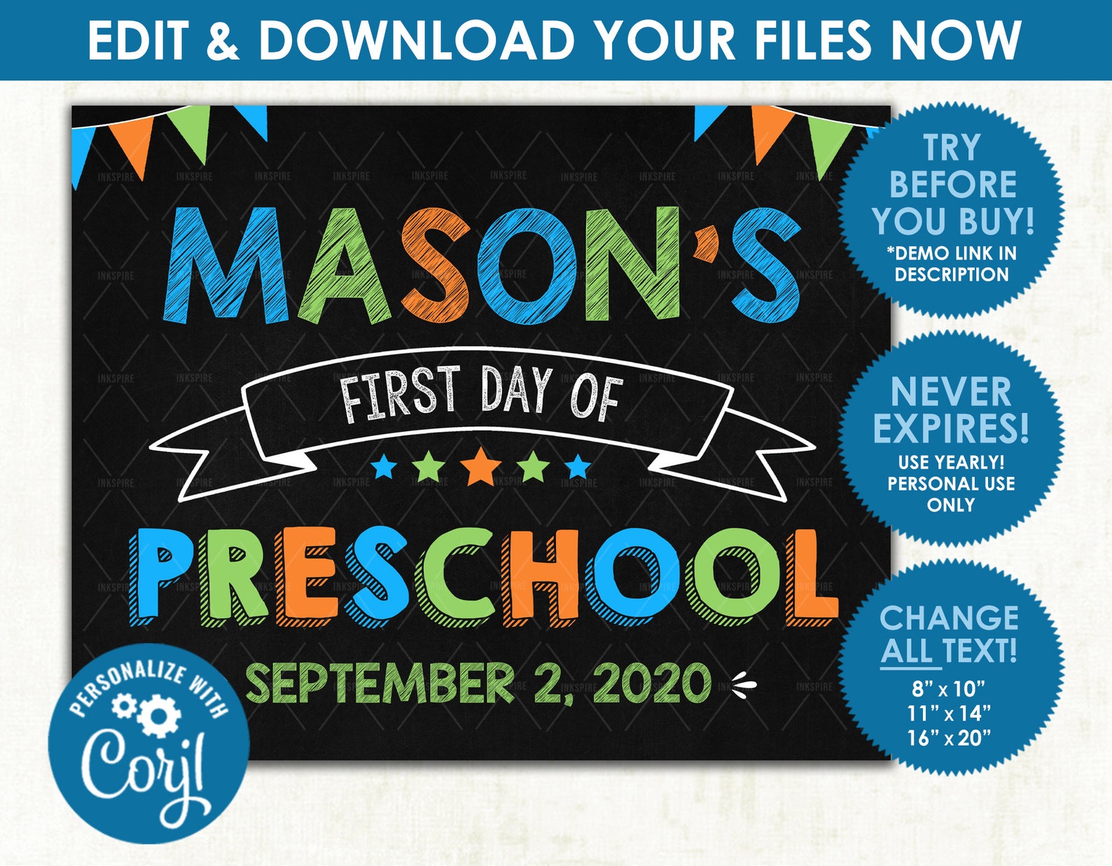 Editable First Day of School Poster - DIGITAL FILE - Printable Orange ...