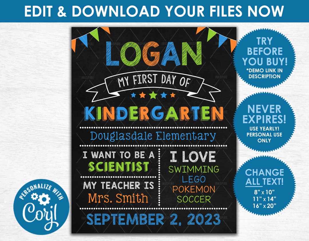 First Day of School Chalkboard Sign - Editable DIGITAL FILE - Rainbow ...