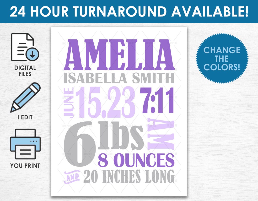 Girl Birth Stats Print - Printable DIGITAL FILE - Personalized New Baby ...