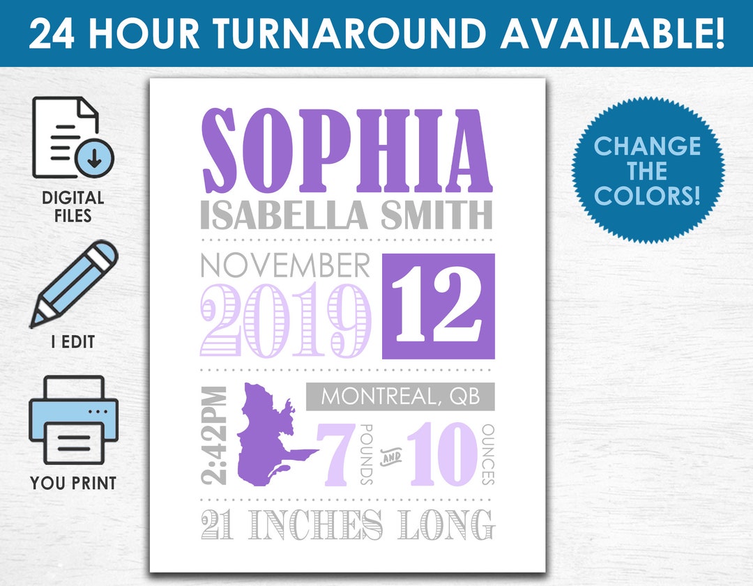 Birth Stats Poster Print - Printable DIGITAL FILE - Baby Girl ...