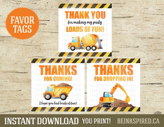 Construction Thank You Tags INSTANT DOWNLOAD Printable | Etsy