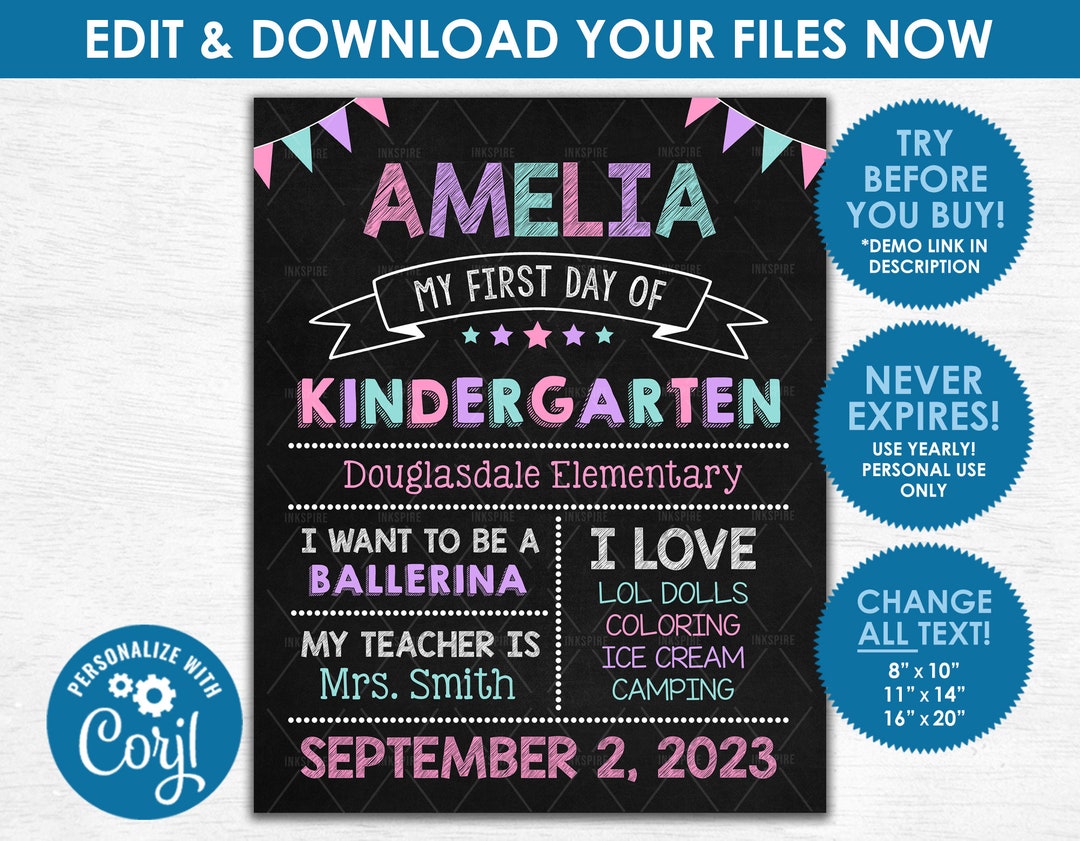 First Day of School Chalkboard Sign - Editable DIGITAL FILE - Girls ...