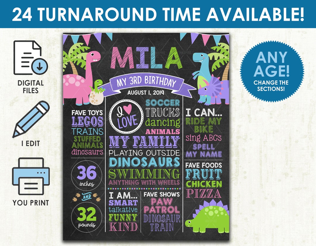 Three Rex Dinosaur Birthday Chalkboard - Printable DIGITAL FILE - Pink ...