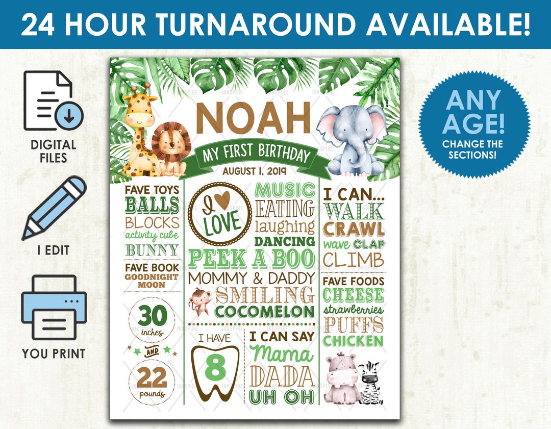 Safari Birthday Milestone Poster - Printable DIGITAL FILE - Gold Jungle ...