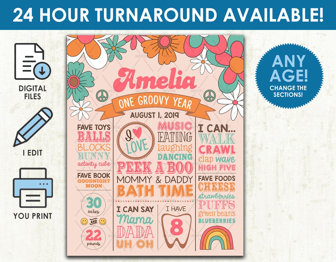 Groovy Birthday Chalkboard - Printable DIGITAL FILE - Daisy Rainbow ...