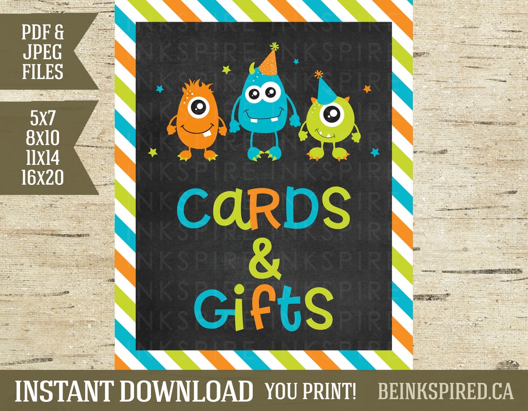 Monster Cards & Gifts Sign - INSTANT DOWNLOAD - Printable Birthday ...