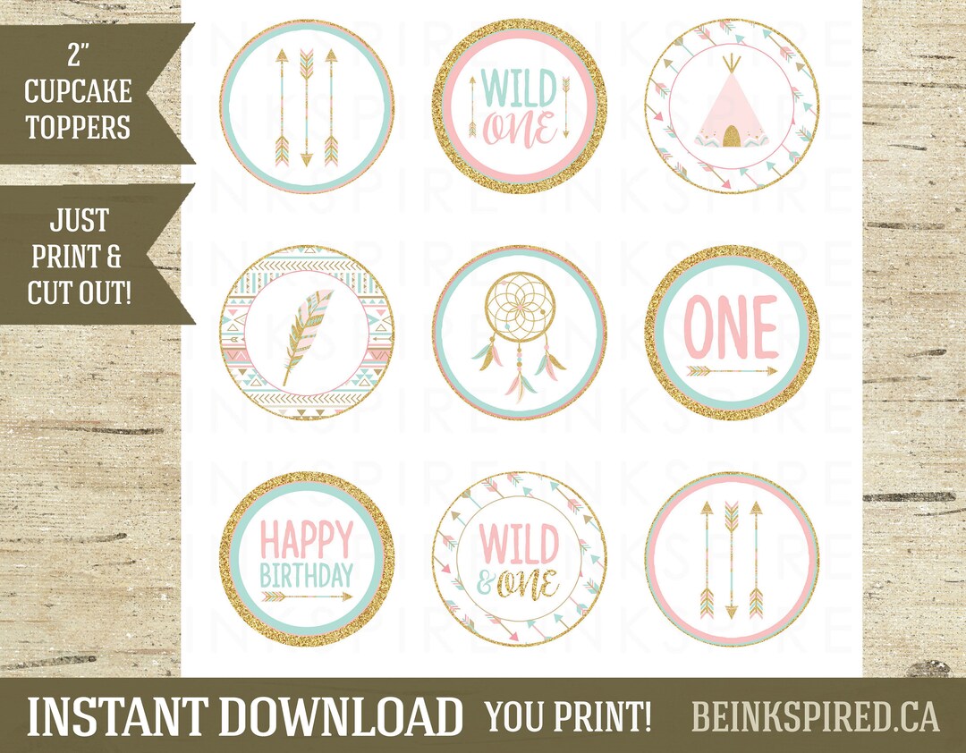Printable Wild One Tribal Boho Birthday Cupcake Toppers, Pink Gold Mint ...