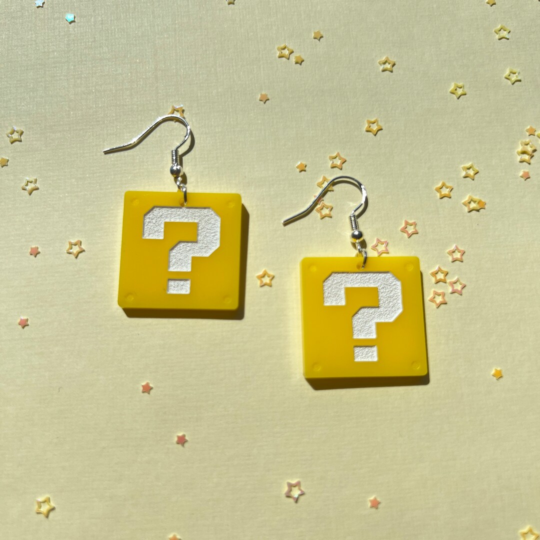 Question Mark Video Game Yellow Brick Engraved Acrylic Dangle Earrings ...