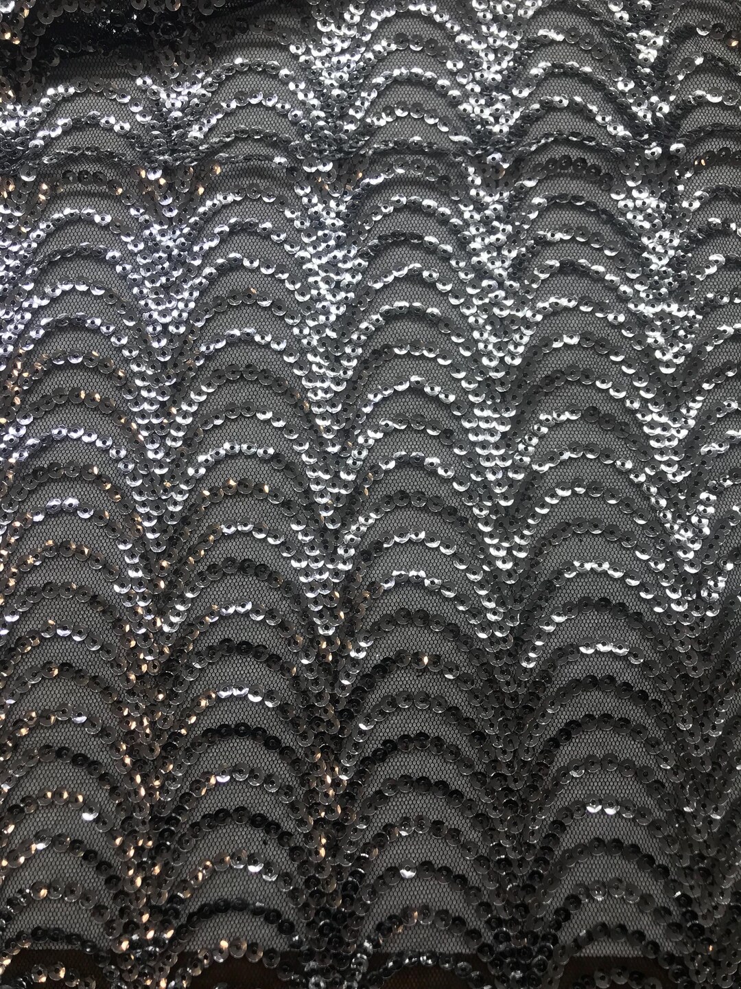 Black 2 Way Stretch Mesh With Fountain Design in Silver Sequins Fabric ...