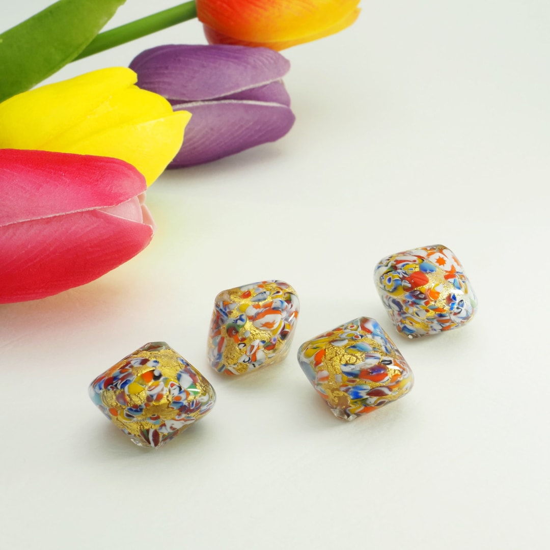 Large Gold Foil Bicone Murano Glass Bead in Multicolor and Klimt Style ...