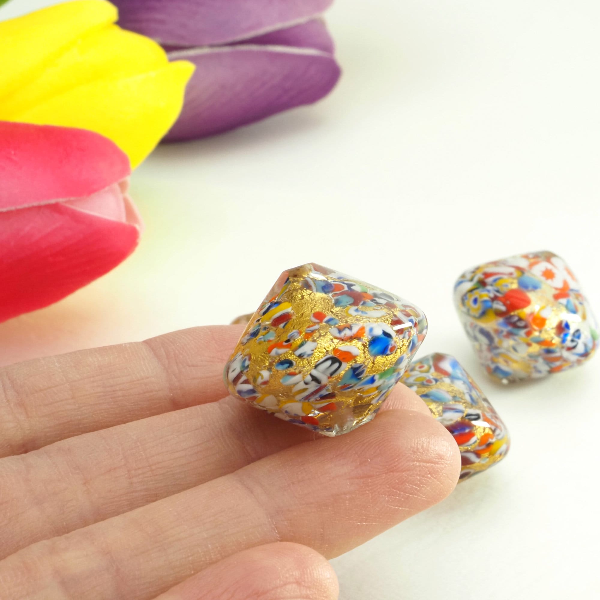 Large Gold Foil Bicone Murano Glass Bead in Multicolor and Klimt Style ...