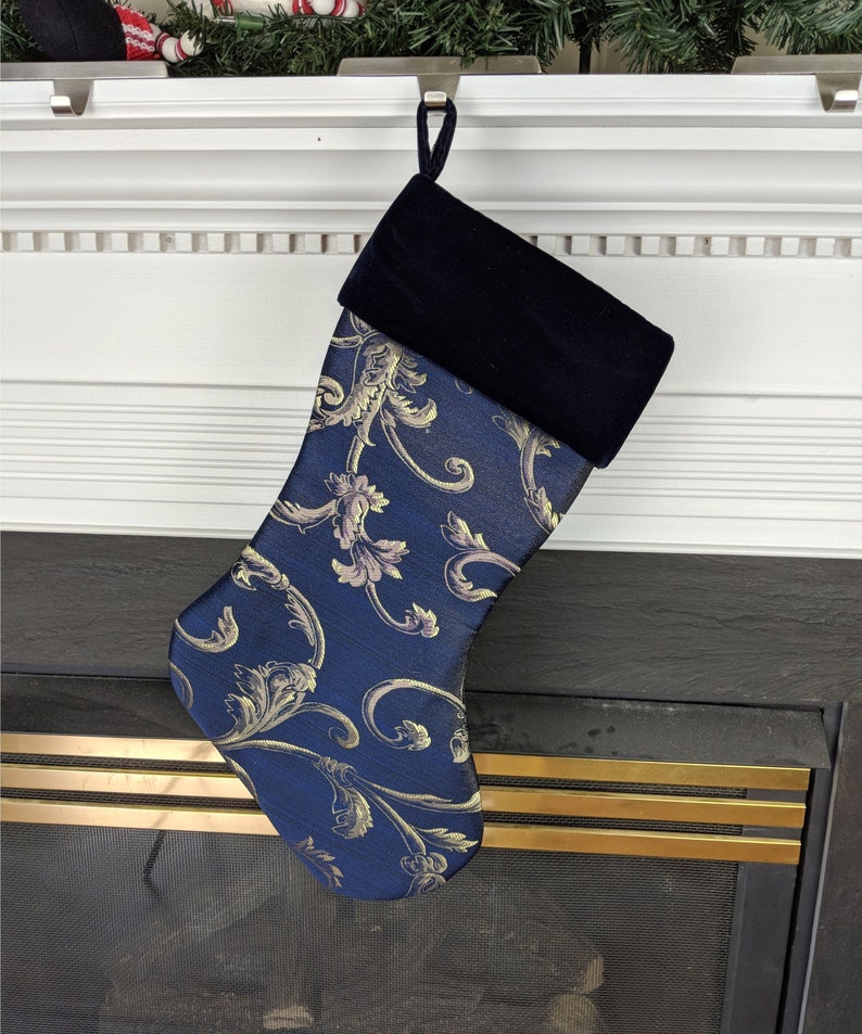 Navy blue Christmas stocking with gold swirls and velvet cuff | Etsy