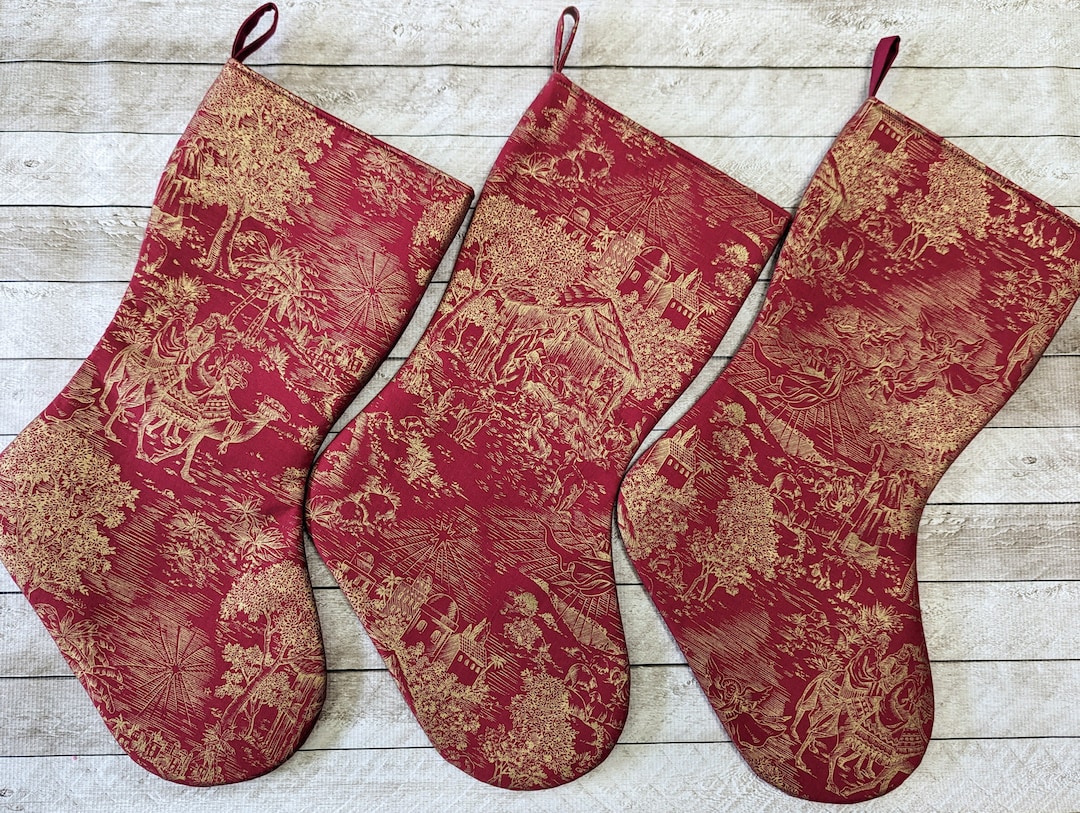 Set of Three Cranberry Red and Gold Nativity Toile Christmas Stockings ...