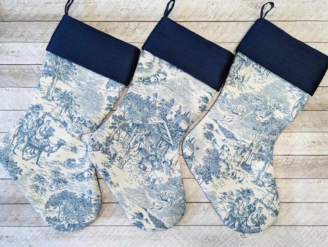 Set of Three Blue and Cream Nativity Toile Christmas Stockings - Etsy