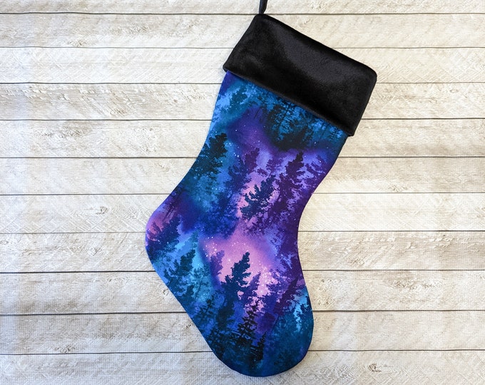 Northern Lights Forest Christmas Stocking With Black Velvet Cuff - Etsy
