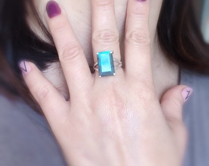 925 Sterling Silver Rectangle Labradorite Ring /size 7.5 Finger Ring ...