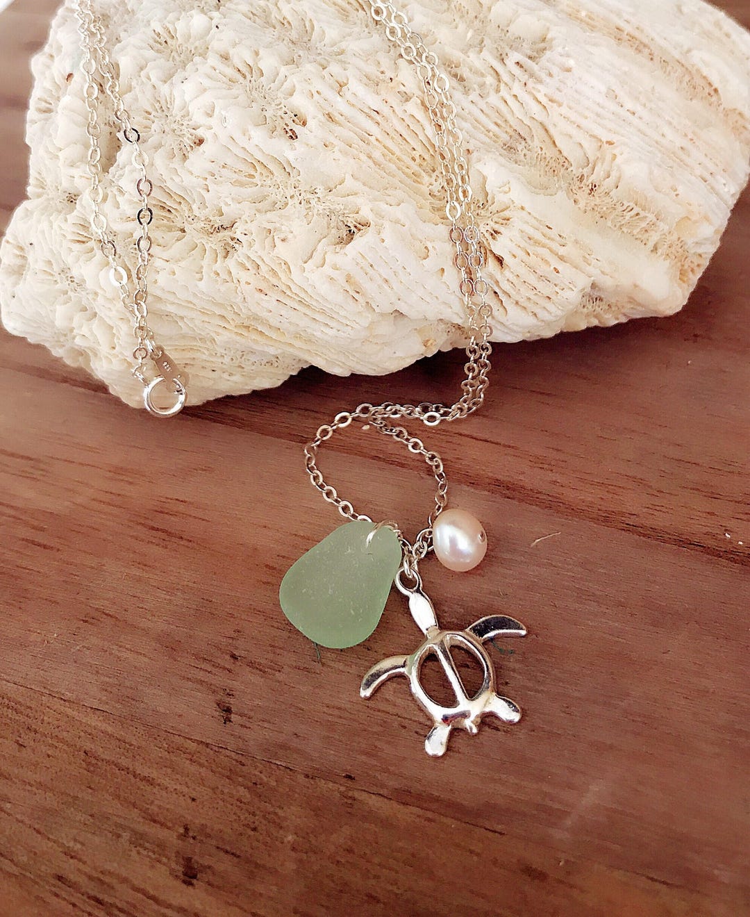 Big Sea Turtle Necklace, Silver Large Sea Turtle Sea Glass Pearl Marine ...