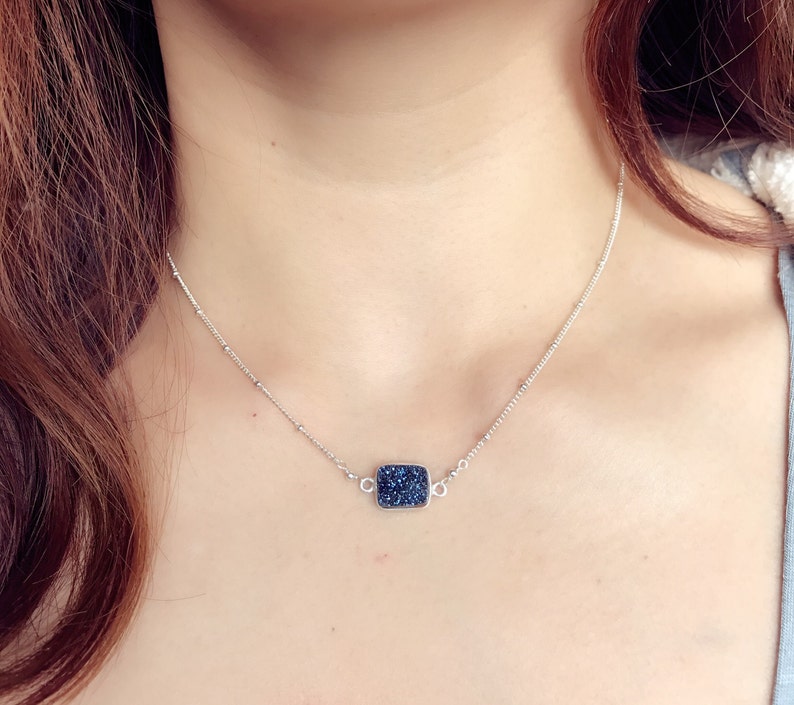 Sterling Silver Chain With Natural Galaxy Blue Rectangle Druzy - Etsy