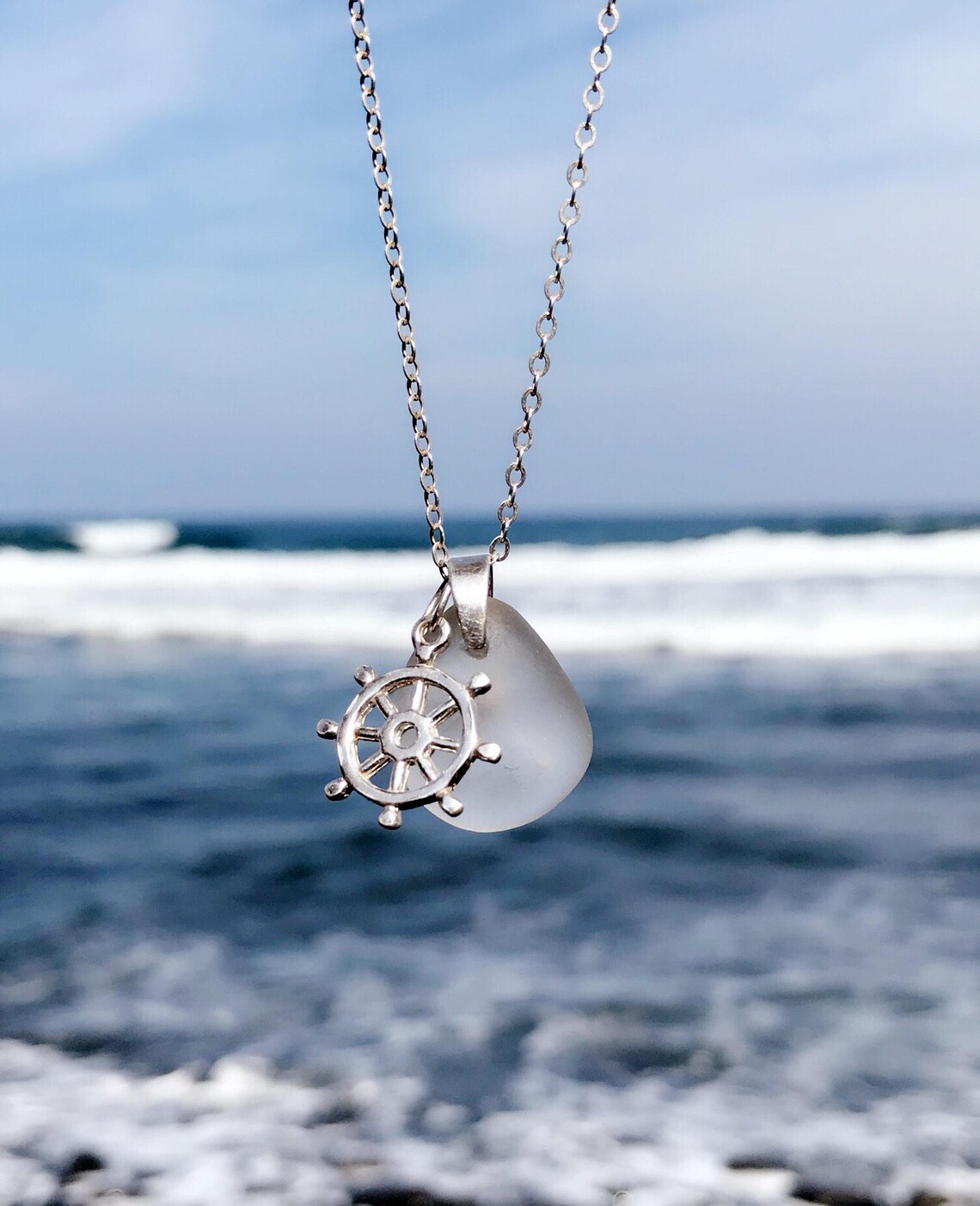 Sterling Silver Ship Wheel Charm Necklace, Genuine Sea Glass and ...
