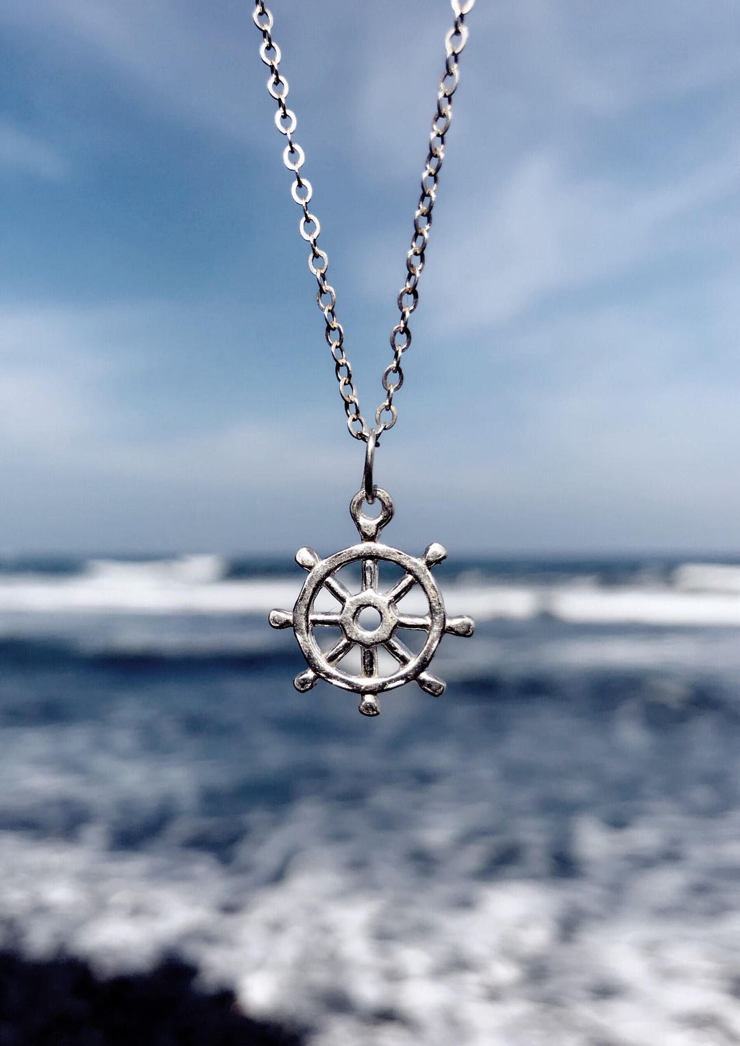 Sterling Silver Ship Wheel Charm Necklace, Genuine Sea Glass and ...