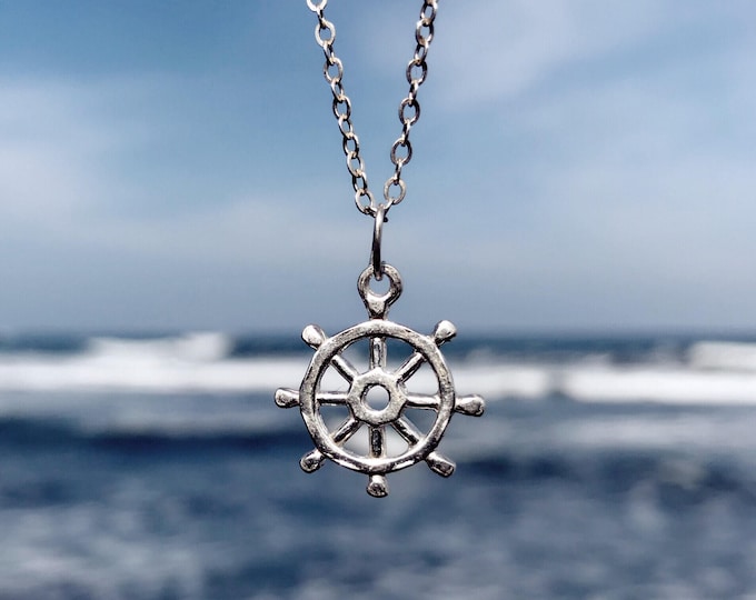 Sterling Silver Ship Wheel Charm Necklace, Genuine Sea Glass and ...
