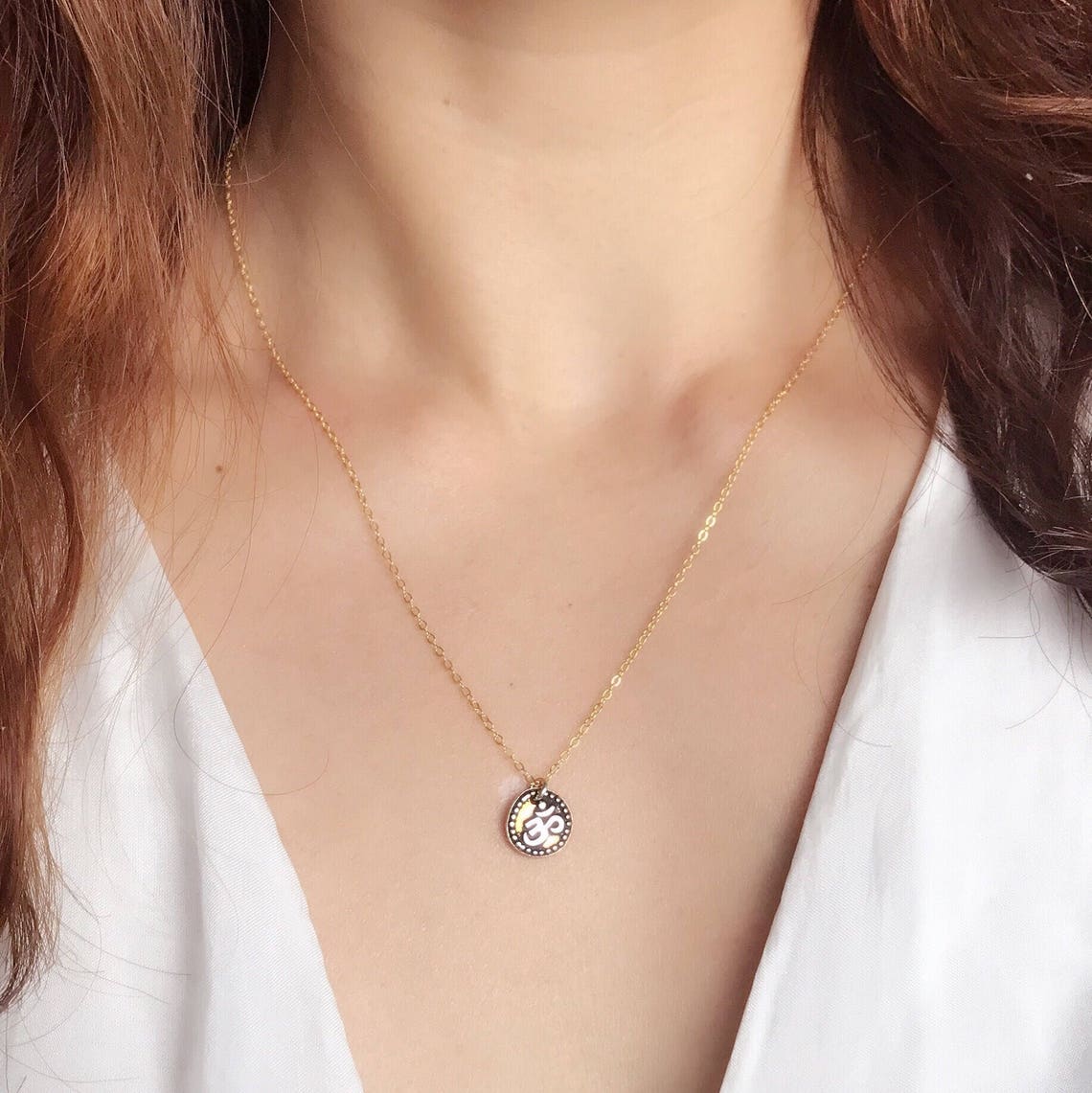 14k Gold Filled Chain With Gold Pewter Tiny Delicate Om Pendant ...